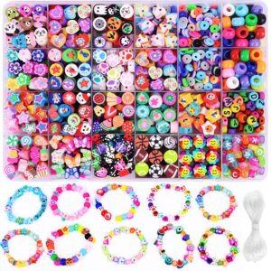 1000pcs polymer clay beads bracelet making kit, 24 style cute fun beads fruit flower animal cake butterfly heart beads charms for jewelry necklace earring making diy accessories for women girls