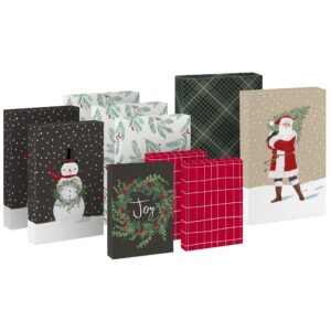 hallmark christmas shirt boxes for presents (10 clothes boxes with lids: 3 small 11", 5 medium 14", 2 large 16") red, green and black plaid, snowmen, santa, winter greenery