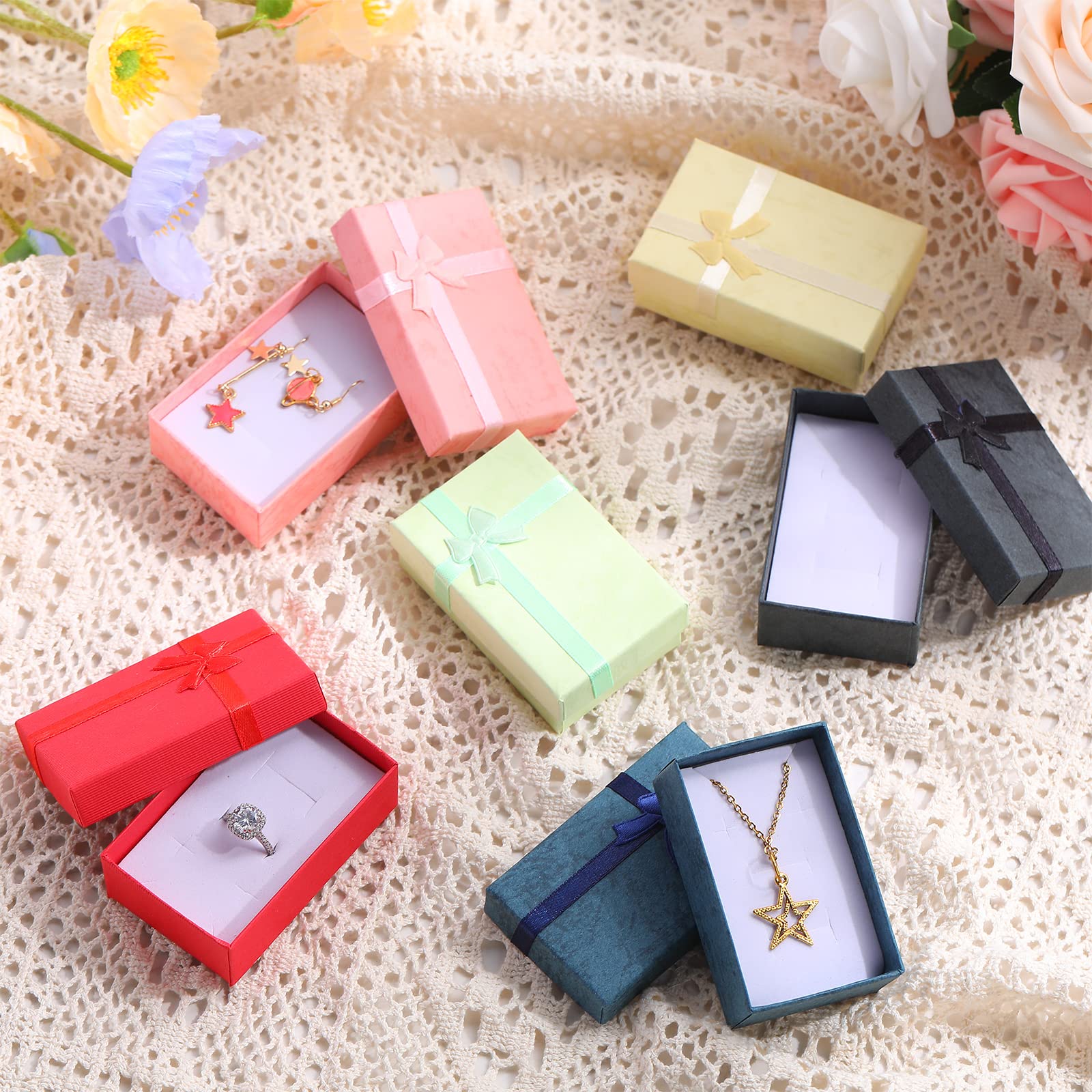 Batiyeer Jewelry Gift Boxes Set Empty Jewelry Boxes Small Gift Boxes for Jewelry Cardboard Boxes for Jewelry Packaging with Ribbon Bowknot for Anniversaries Weddings Birthday, 8 Colors (96 Pcs)