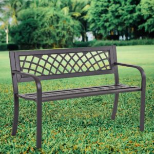 ruesleag garden bench,metal outdoor bench park bench with plastic mesh backrest armrests sturdy steel frame for patio yard porch entryway black