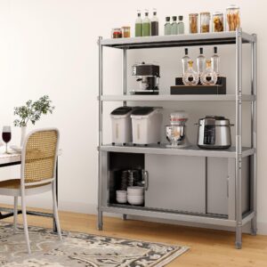 yitahome nsf stainless steel shelves, 48"*18"*60" 4 tier storage shelf with cabinet, heavy duty shelving for kitchen garage office restaurant warehouse, 201 bright silver