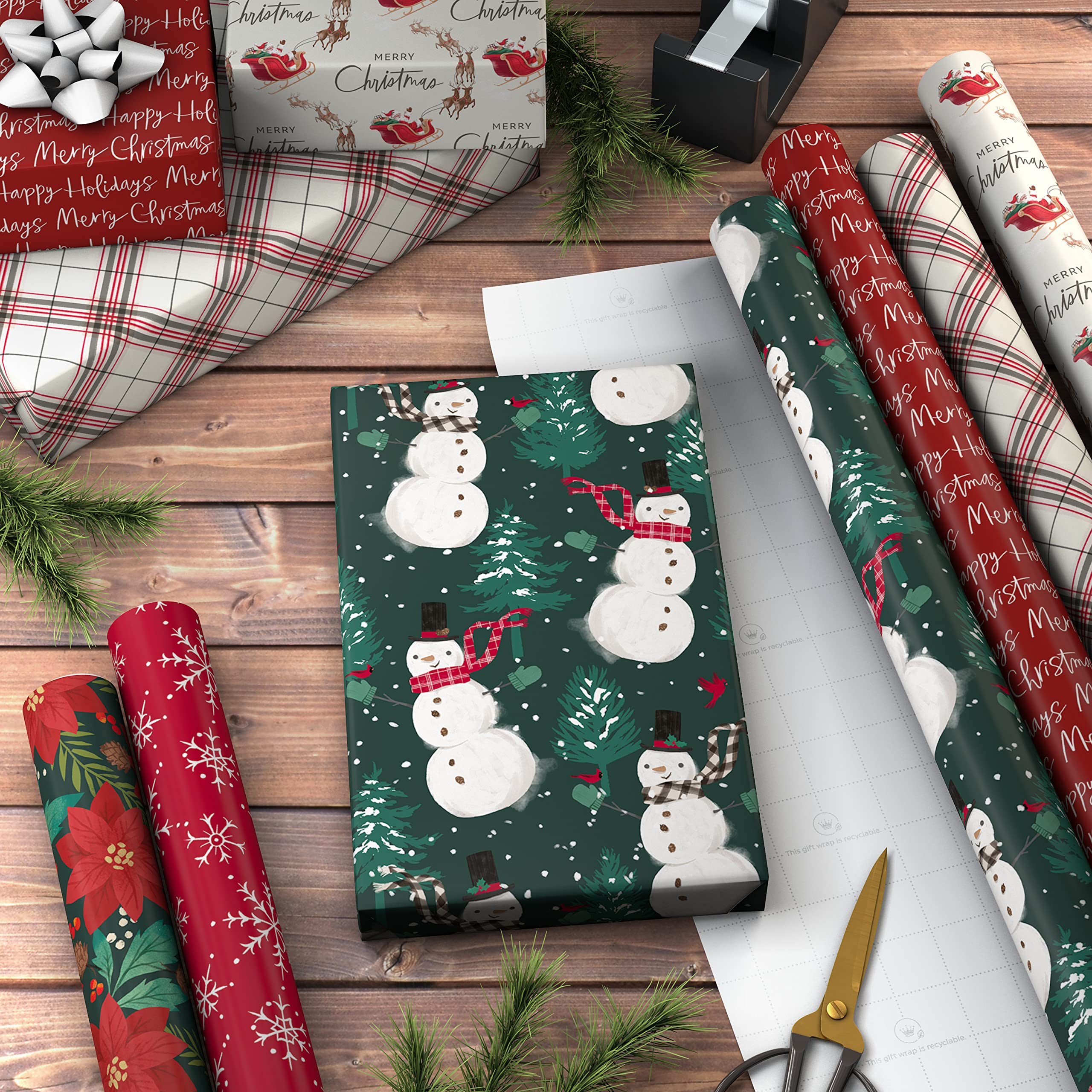 Hallmark Rustic Recyclable Christmas Wrapping Paper (6 Rolls: 180 Sq. Ft. Total) Red, White and Hunter Green Plaid, Poinsettias, Snowflakes, "Merry Christmas," Snowman, Santa