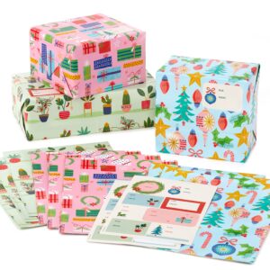 hallmark cute christmas flat wrapping paper sheets with cutlines on reverse (12 folded sheets with sticker gift tags) pink, mint green, plants, cactus, presents, ornaments