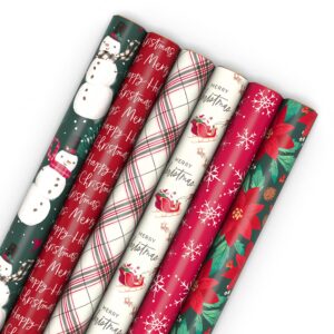 hallmark rustic recyclable christmas wrapping paper (6 rolls: 180 sq. ft. total) red, white and hunter green plaid, poinsettias, snowflakes, "merry christmas," snowman, santa