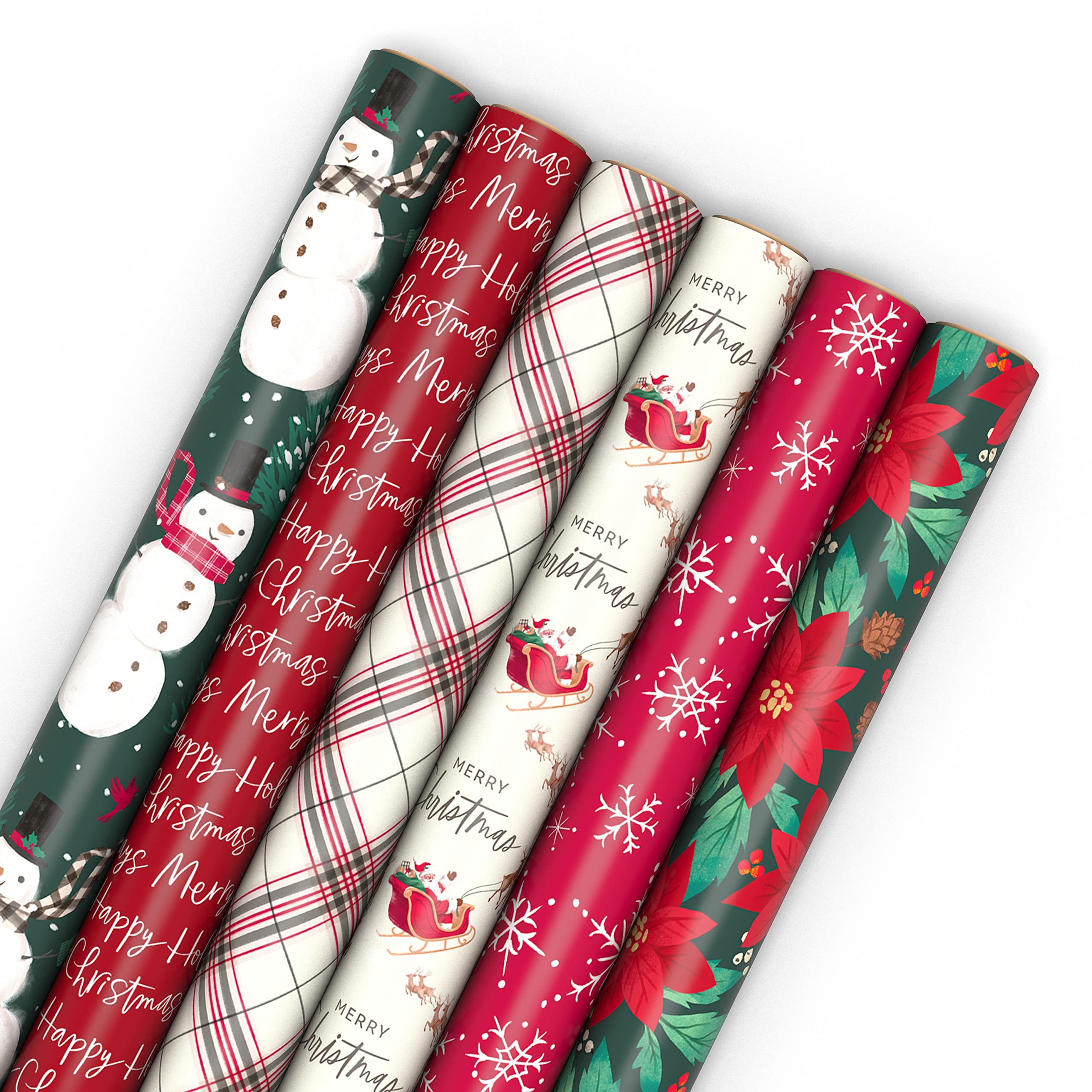 Hallmark Rustic Recyclable Christmas Wrapping Paper (6 Rolls: 180 Sq. Ft. Total) Red, White and Hunter Green Plaid, Poinsettias, Snowflakes, "Merry Christmas," Snowman, Santa