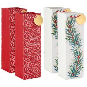 hallmark christmas wine bottle gift bags with handles and gift tags (4 bags: red happy holidays, green and white garland) for housewarmings, coworkers, winter weddings, thank you gifts