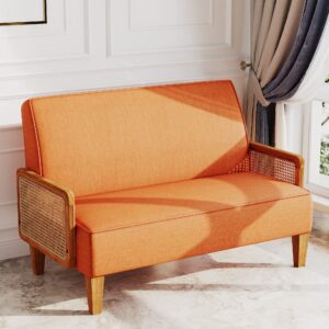 wentment loveseat sofa small couch for living room love seat with natural rattan armrest and solid wooden legs small sofa for small space, bedroom, apartment（orange）