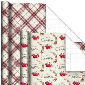 Hallmark Rustic Recyclable Christmas Wrapping Paper (6 Rolls: 180 Sq. Ft. Total) Red, White and Hunter Green Plaid, Poinsettias, Snowflakes, "Merry Christmas," Snowman, Santa