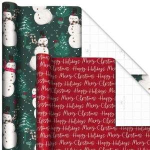 Hallmark Rustic Recyclable Christmas Wrapping Paper (6 Rolls: 180 Sq. Ft. Total) Red, White and Hunter Green Plaid, Poinsettias, Snowflakes, "Merry Christmas," Snowman, Santa