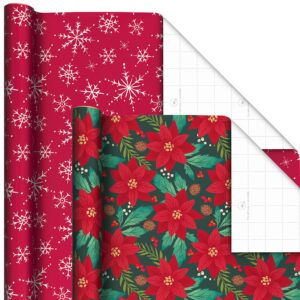 Hallmark Rustic Recyclable Christmas Wrapping Paper (6 Rolls: 180 Sq. Ft. Total) Red, White and Hunter Green Plaid, Poinsettias, Snowflakes, "Merry Christmas," Snowman, Santa