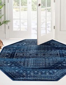 unique loom district collection area rug - sequoia (5' 1" octagon, blue/ navy blue)