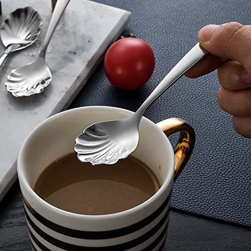 Pinenjoy 6Pcs Shell Spoons 18/10(304) Stainless Stell Scalloped Shape Spoon 4.96inch Vintage Sugar Spoon for Stirring Coffee Tea Espresso Cappuccino Demitasse Yogurt Dessert