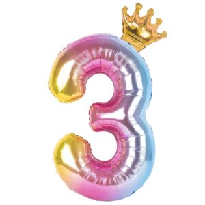 captain decor 3 number balloon 40 inch rainbow gradient with detachable crown – easy inflate and deflate reusable, premium foil mylar balloons for birthdays, anniversaries, and party decorations