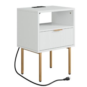 Masupu Nightstand with Charging Station,Mid-Century Modern Bedside Table with Storage Drawer and Open Wood Shelf,Small Gold Frame Side Table for Bedroom,Living Room (White)