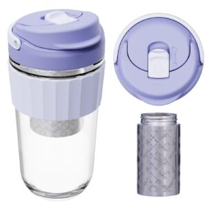 leak-proof glass coffee mug with lid lock, 17oz reusable coffee cup with stainless steel filter, travel tea and fruit infuser with handle, bpa-free, microwave and dishwasher safe