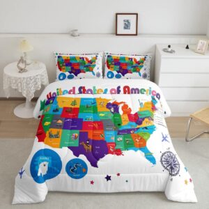 jejeloiu american map bedding set map printed comforter set for kids boys cartoon animals comforter distribution map colorful duvet set full size quilt 3pcs boys