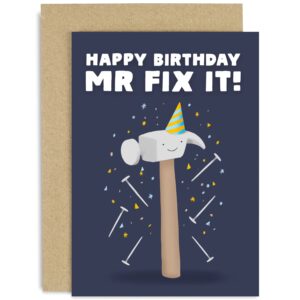 old english co. fun diy hammer and nails card for men - 'mr fix it' carpentry birthday card for him male card - humorous handyman card - husband, son, uncle, brother, dad | blank inside with envelope