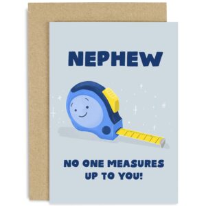 old english co. fun birthday card for nephew - 'no one measures up to you' diy handyman card for him - card for men - thank you greeting card from aunt or uncle | blank inside with envelope