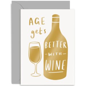 old english co. funny wine birthday card for women men - 'age gets better with wine' humorous birthday card for him or her - hilarious birthday card for dad mum | blank inside with envelope