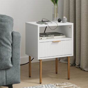 Masupu Nightstand with Charging Station,Mid-Century Modern Bedside Table with Storage Drawer and Open Wood Shelf,Small Gold Frame Side Table for Bedroom,Living Room (White)