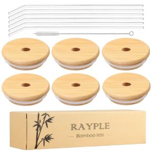 6 pack bamboo lids for glass cups, fit for 16oz 20oz beer can glass and regular mouth mason jars, natural bamboo lids with straw hole