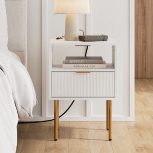 masupu nightstand with charging station,mid-century modern bedside table with storage drawer and open wood shelf,small gold frame side table for bedroom,living room (white)