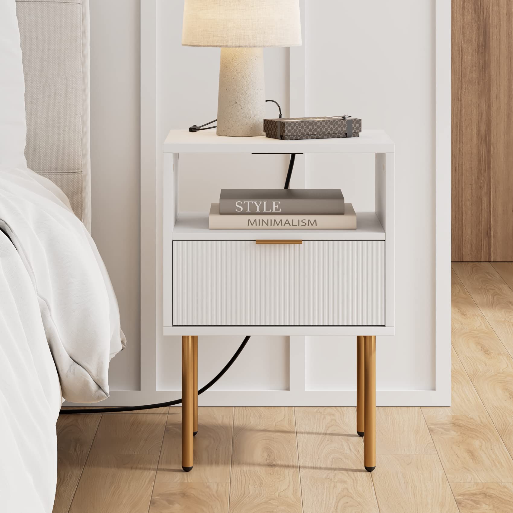 Masupu Nightstand with Charging Station,Mid-Century Modern Bedside Table with Storage Drawer and Open Wood Shelf,Small Gold Frame Side Table for Bedroom,Living Room (White)