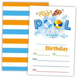 awsice pizza pool party birthday invitations, summer double-sided fill-in invite cards for birthday party, 20 invitations with envelopes, decorations,party favor and supply-a37