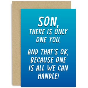 old english co. funny birthday card for son - 'there is only one of you' humorous birthday card for son from mum, dad, parents - cheeky fun birthday card for him | blank inside with envelope