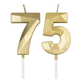 75th & 57th birthday candles for cake, gold number 75 57 3d diamond shaped candle birthday decorations party supplies for women or men