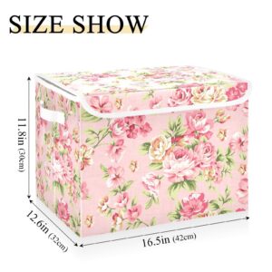 ALAZA Storage Bins with Lids,Pink Rose Fabric Storage Boxes Baskets Containers Organizers for Clothes and Books