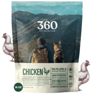 360 pet nutrition raw freeze-dried dog food, high protein, balanced meal, chicken, liver, heart, fruit, veggies, superfoods, no fillers, 16 oz food/bites/kibble (chicken)