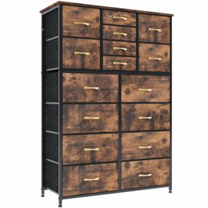 finnhomy 16 drawers dresser for bedroom, tall dressers & chests of drawers with wood top, large fabric storage dresser for bedroom/living room/entryway/closet, 38" w x 11.8" d x 57.1" h, rustic brown