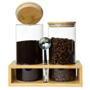 glass coffee containers with shelf, coffee bar organizer and accessories, coffee jars with spoon, 2x 49oz coffee bean storage airtight sealed coffee canister for coffee bean, ground coffee, nuts