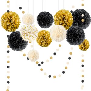 nicrolandee black gold party decorations, 15 pcs tissue paper pom poms kit for 2025 new year party, wedding, birthday, engagement, graduation party decor, paper garland flower ball ceiling wall decor