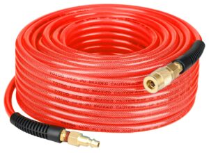 yotoo reinforced polyurethane air hose 1/4" inner diameter by 100' long, flexible, heavy duty air compressor hose with bend restrictor, 1/4" swivel industrial quick coupler and plug, red