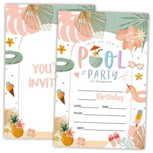 awsice tropical pool party birthday invitations, double-sided fill-in invite cards for birthday party, 20 invitations with envelopes, decorations,party favor and supply-a36