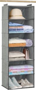 sleeping lamb 6 shelves jumbo hanging closet organizer and storage, hanging clothes organizer for sweaters, blankets and coats in wardrobe, bedroom, living room, grey