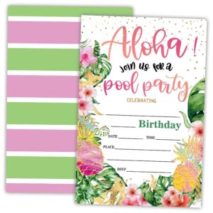 awsice pool party birthday invitations, aloha tropical double-sided fill-in invite cards for birthday party, 20 invitations with envelopes, decorations,party favor and supply-a38