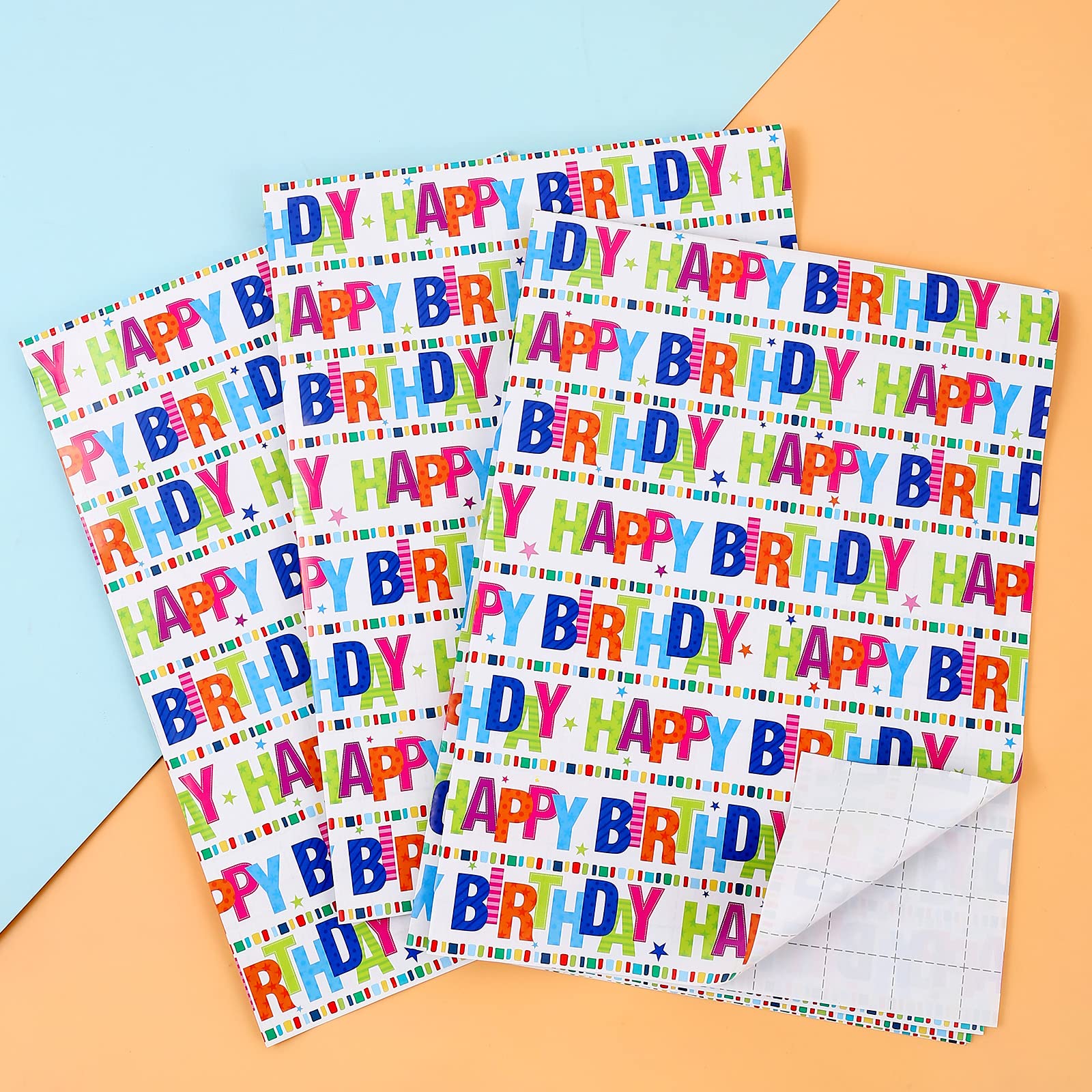 U'COVER Happy Birthday Wrapping Paper for Girls Kids Boys 3 Large Sheet with Cut Line Gift Wrapping Paper for Women Men Baby Shower Holiday Birthday Gift Wrap Paper Folded Flat 27 x 39.4inch