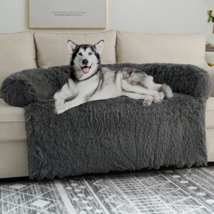 syalife shaggy plush calming dog couch bed pet protector, fluffy waterproof lining and nonskid bottom, dog mat for furniture protector with washable cover(55"x43"x8", light gray)