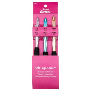 cj bates & sons sizes l11/8mm, m13/9mm, and n15/10mm susan bates silvalume soft ergonomic crochet hook set