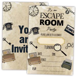 awsice rustic escape room birthday invitations, double-sided vintage fill in invite cards for birthday party, 20 invitations with envelopes, decorations,party favor and supply-a31