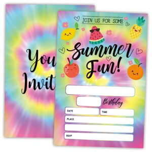 awsice tie dye summer fun birthday invitations, fruits double-sided fill-in invite cards for birthday party, 20 invitations with envelopes, decorations,party favor and supply-a12