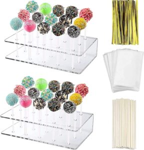 2 packs acrylic lollipop holder acrylic cake pop stand display cake pop holder 100pcs lollipop sticks 100pcs clear treats bags and 100pcs gold metallic twist ties for candy cake pop making tools