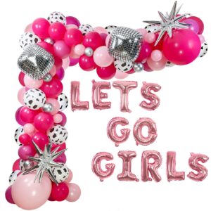 disco cowgirl balloon arch garland, pink rose silver balloons with disco balls for cowgirl bachelorette decorations bridal shower birthday supplies