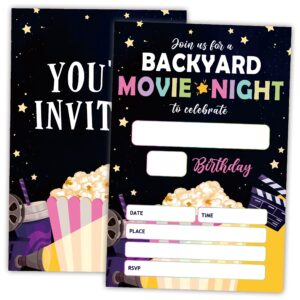 awsice backyard movie night birthday invitations, double-sided fill-in invite cards for birthday party, 20 invitations with envelopes, decorations,party favor and supply-a07