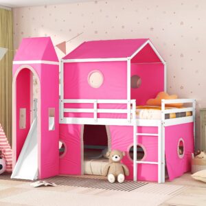 harper & bright designs full size low loft bed with slide & curtains and tower, solid wood loft bed frame with tent, full over full floor bunk bed for kids girls boys (pink)