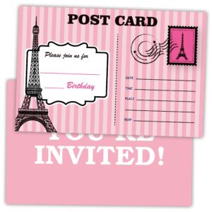 awsice blush paris birthday invitations, eiffel tower double-sided fill-in invite cards for birthday party, 20 invitations with envelopes, decorations,party favor and supply-a10