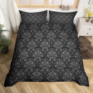 erosebridal black grey ombre gothic bedding set for adults men twin,antique victorian baroque floral comforter cover boho damask duvet cover exotic floral bohemian bedspread cover 1 pillow case